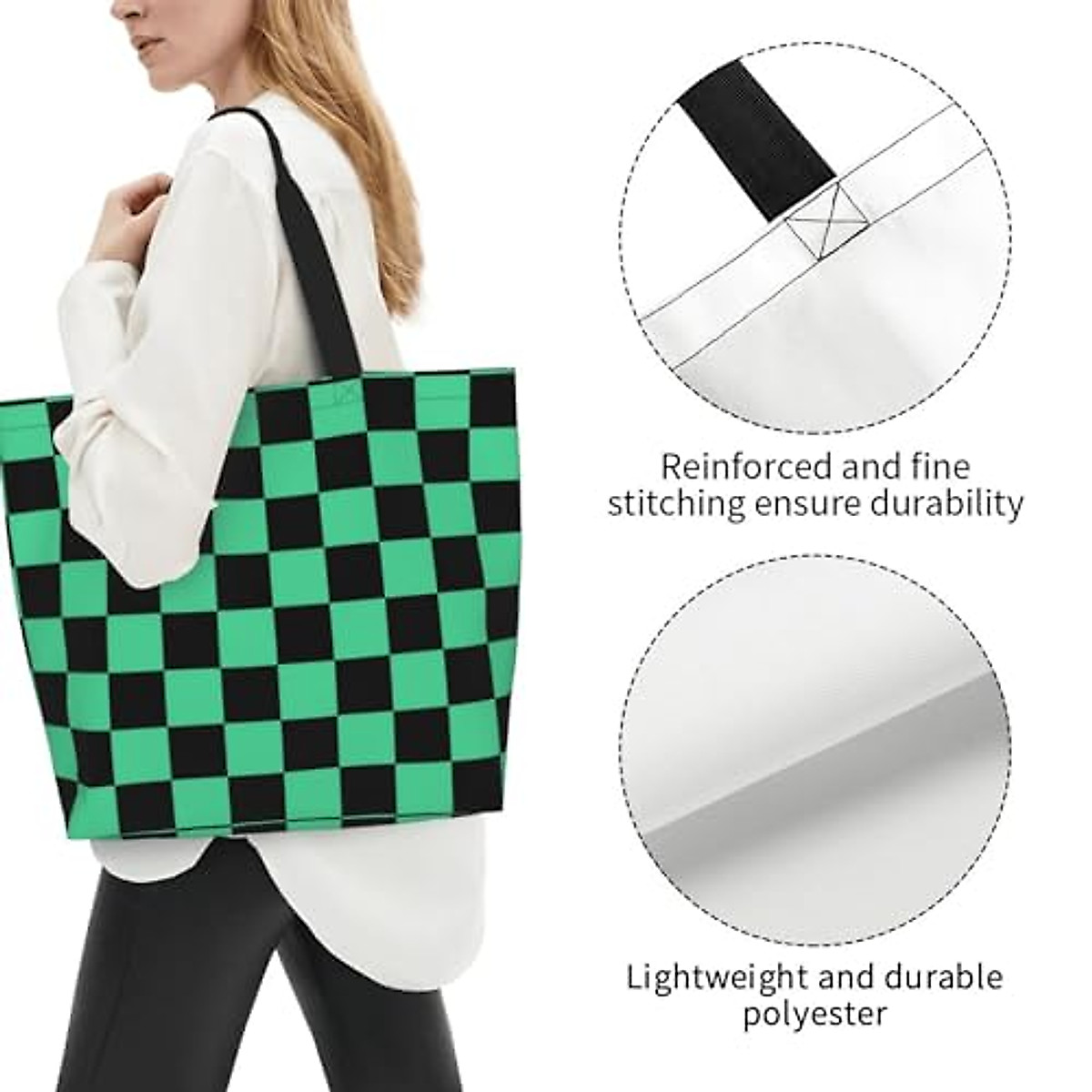 TWKGBUAD Classic Green and Black Plaid Print Reusable Shoulder Shopping Bag - Large Capacity Tote Bag with Inner Pocket for Women Men