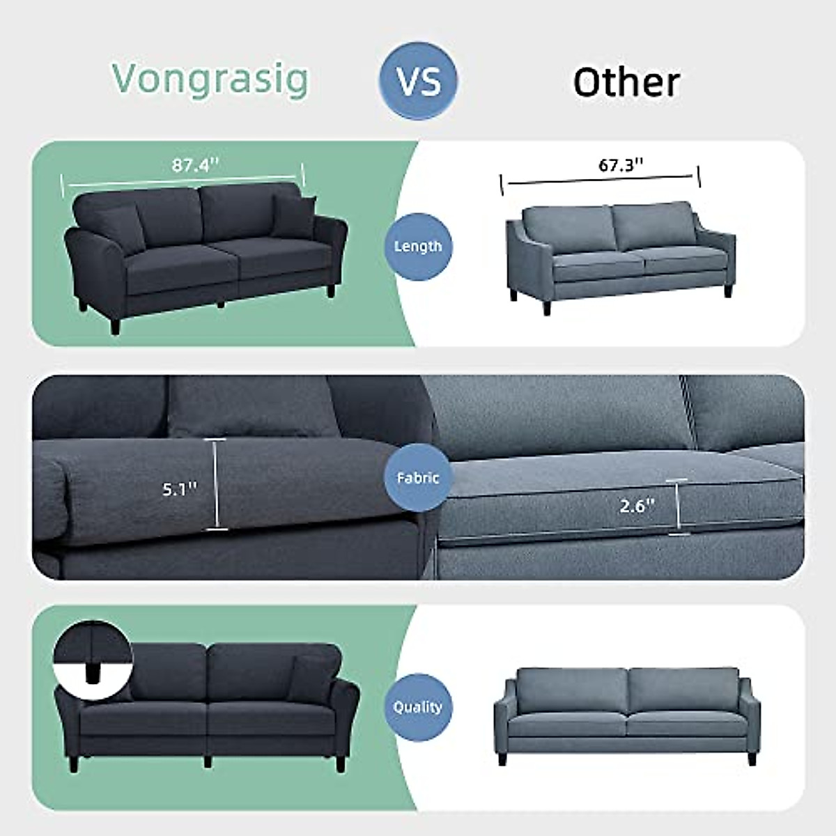 Vongrasig 87.4" Loveseat Sofa, Mid Century Modern Linen Fabric 3-Seater Love Seat Couch with Curved Armrest for Living Room, Bedroom, Apartment and Small Space (Dark Grey)