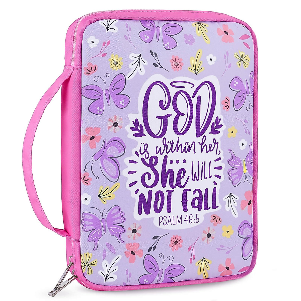 Pink Dino Bible Covers for Women Girls, Large Bible Case with Multiple Zippered Pocket Bible Carrying Bag with Removable Pen Slots for Bible Study,Purple