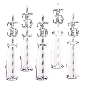 Silver Happy 35th Birthday Straw Decor, Silver Glitter 24pcs Cut-Out Number 35 Party Drinking Decorative Straws, Supplies