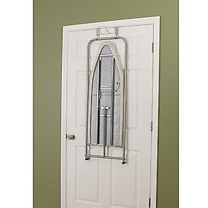 Household Essentials 144222 Over The Door Small Ironing Board with Iron Holder, Natural Cotton Cover Silver