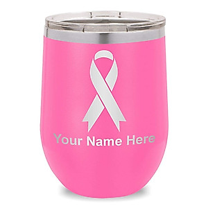 SkunkWerkz Wine Glass Tumbler, Cancer Awareness Ribbon, Personalized Engraving Included (Pink)