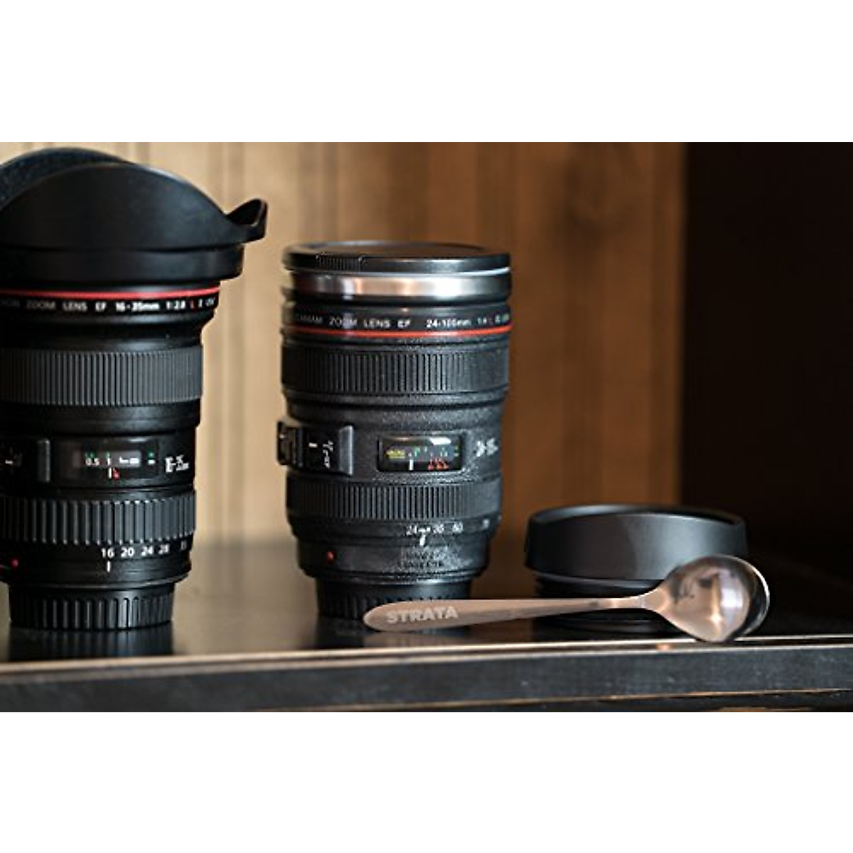 STRATA CUPS Camera Lens Coffee Mug -13.5oz, SUPER BUNDLE! (2 LIDS + SPOON) Stainless Steel Thermos, Sealed & Retractable Lids! Photographer Camera Mug, Travel Coffee Cup, Coffee Mugs for Men, Women