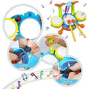 POKONBOY Kids Drum Set for Toddler 1-3, Musical Instruments Learning Toys with 2 Drum Sticks Adjustable Microphone Birthday for Boys Girls 6 12 18 Month (Yellow)