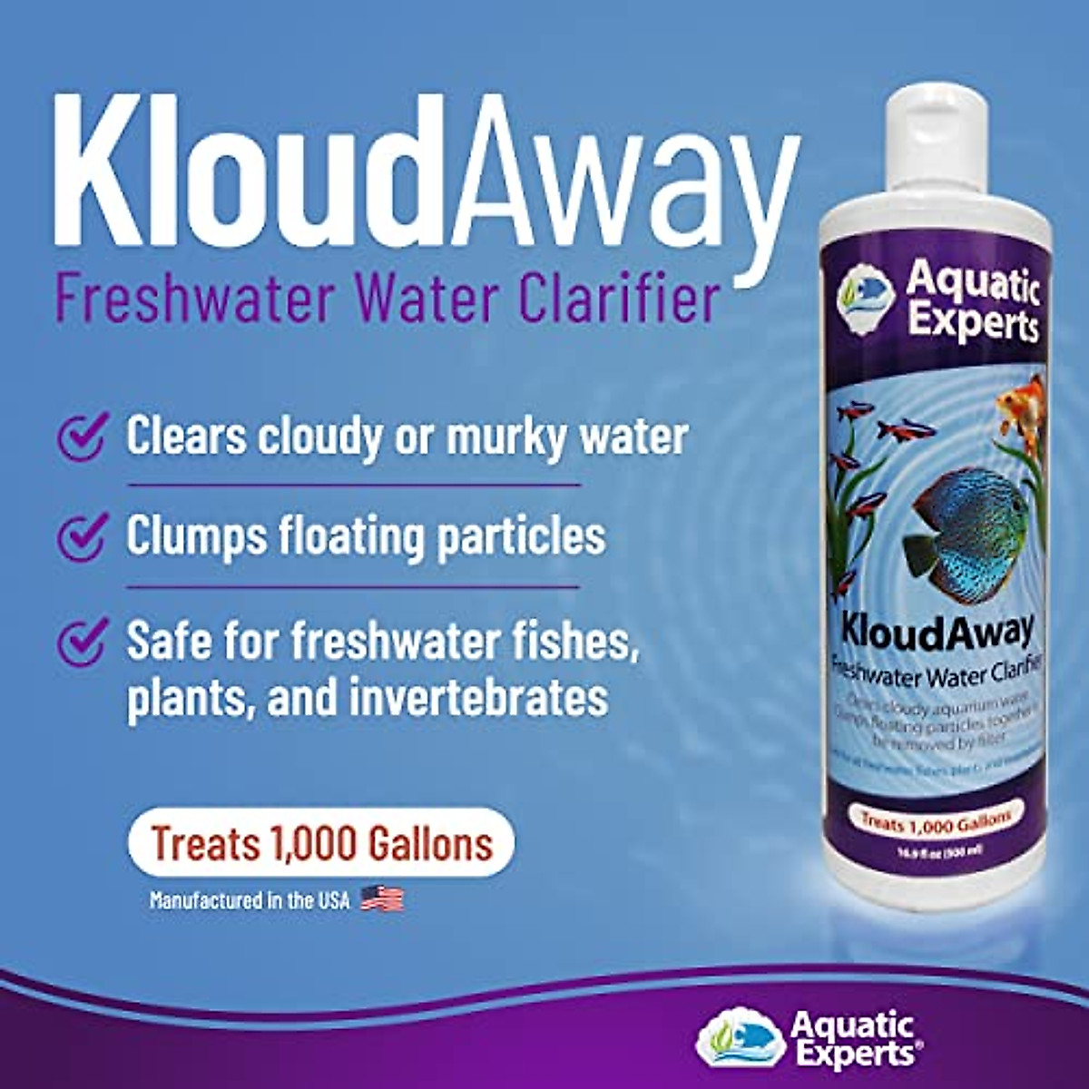 Aquatic Experts KloudAway Freshwater Aquarium Water Clarifier - Clears Cloudy Water, Water Clarifier for Fish Tank, Made in USA (1 Pack)
