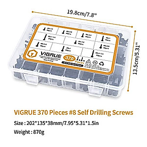 410 Stainless Steel #8 Self Tapping Screws, Hex Washer & Modified Truss Head Self Tapper Screws, VIGRUE 370PCS Self Screws for Metal Plastic Assortment Kit