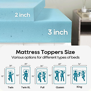 3 Inch Queen Memory Foam Mattress Topper, Cooling Gel Infused Mattress Topper, Ventilated Soft Bed Topper for Pressure Relief Back Pain Suitable for Sleeper Sofa, RV, Camper - CertiPUR-US Certified
