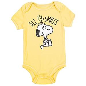 PEANUTS Woodstock Snoopy Infant Baby Boys Cuddly Short Sleeve Bodysuit Jogger Pants Bib and Hat 4 Piece Outfit Set Yellow 18 Months