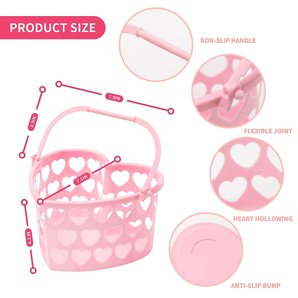 Zcaukya 6 Packs Easter Baskets, 7.1" x 7.9" x 4.3" Small Plastic Heart Shaped Basket with Handles, Heart Hollowed Baskets Holders for Romantic Party Wedding Part Decor