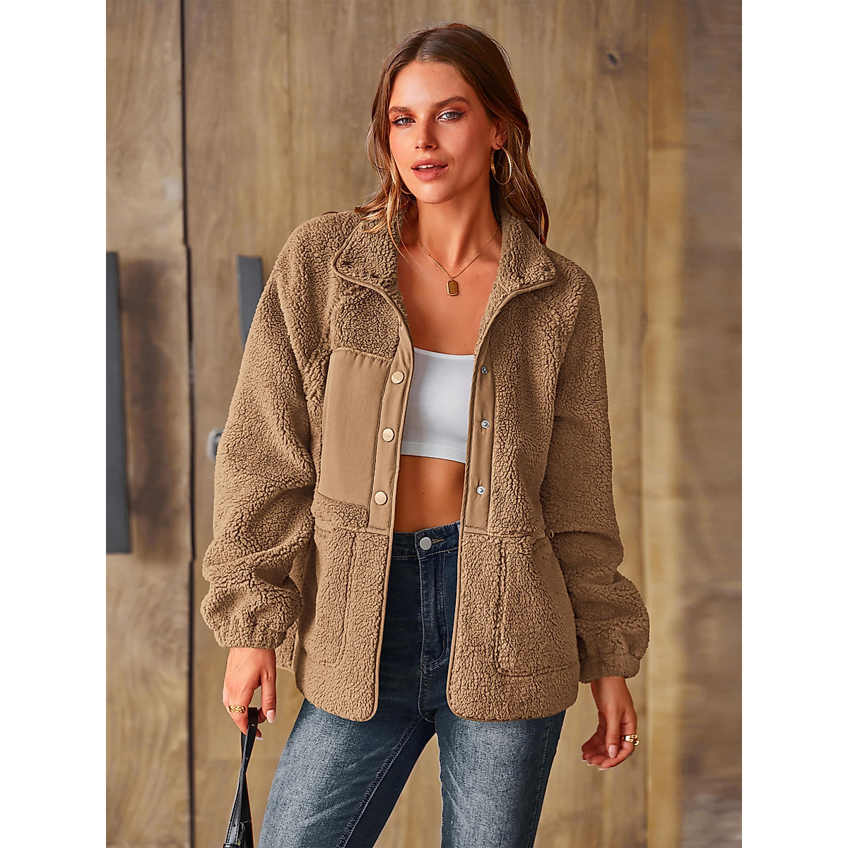 PRETTYGARDEN Women 2024 Fall Winter Fleece Jacket Long Sleeve Casual Button Fuzzy Sherpa Cropped Coats Outerwear with Pockets(Camel,Small)