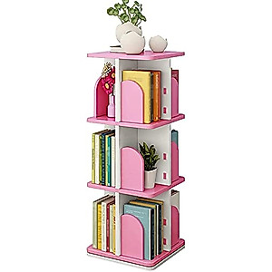 Sling Bookshelf 3 Layers Landing Rotating Chassis Bookcase Multifunction Solid Wood Living Room,3 Colors, 2 Styles (Color : Pink, Size : Square 46X46X96cm)