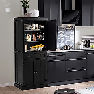 YOLENY Kitchen Pantry, 72” Freestanding Storage Cabinets with Doors and Shelves, Elegant Colonial Design Cabinet Cupboard with 3 Adjustable Shelves and 1 Storage Drawer,Black