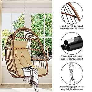 YITAHOME Hanging Egg Chair Swing Chair Outdoor Patio Wicker Chair Swing Hammock Egg Chairs with Cushion 330lbs for Patio, Bedroom, Garden and Balcony, Beige(Stand not Included)