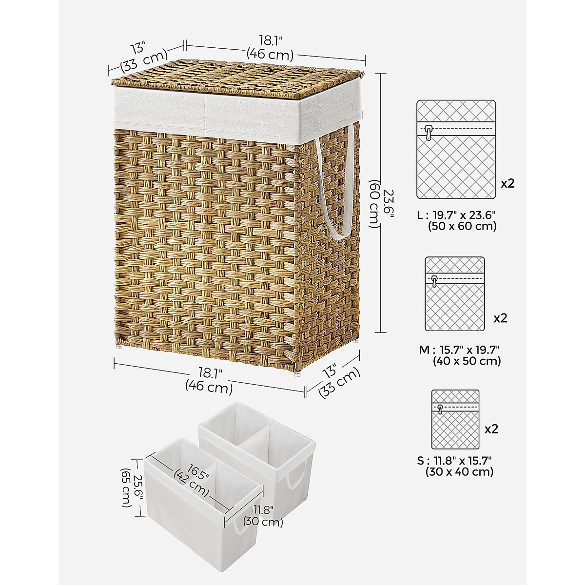 SONGMICS Laundry Hamper with Lid, 90L Clothes Hamper with 2 Removable Liner Bags, 6 Mesh Bags, Wicker Laundry Basket, Double Laundry Hamper for Bathroom, 13 x 18.1 x 23.6 Inches, Natural ULCB251N01V1