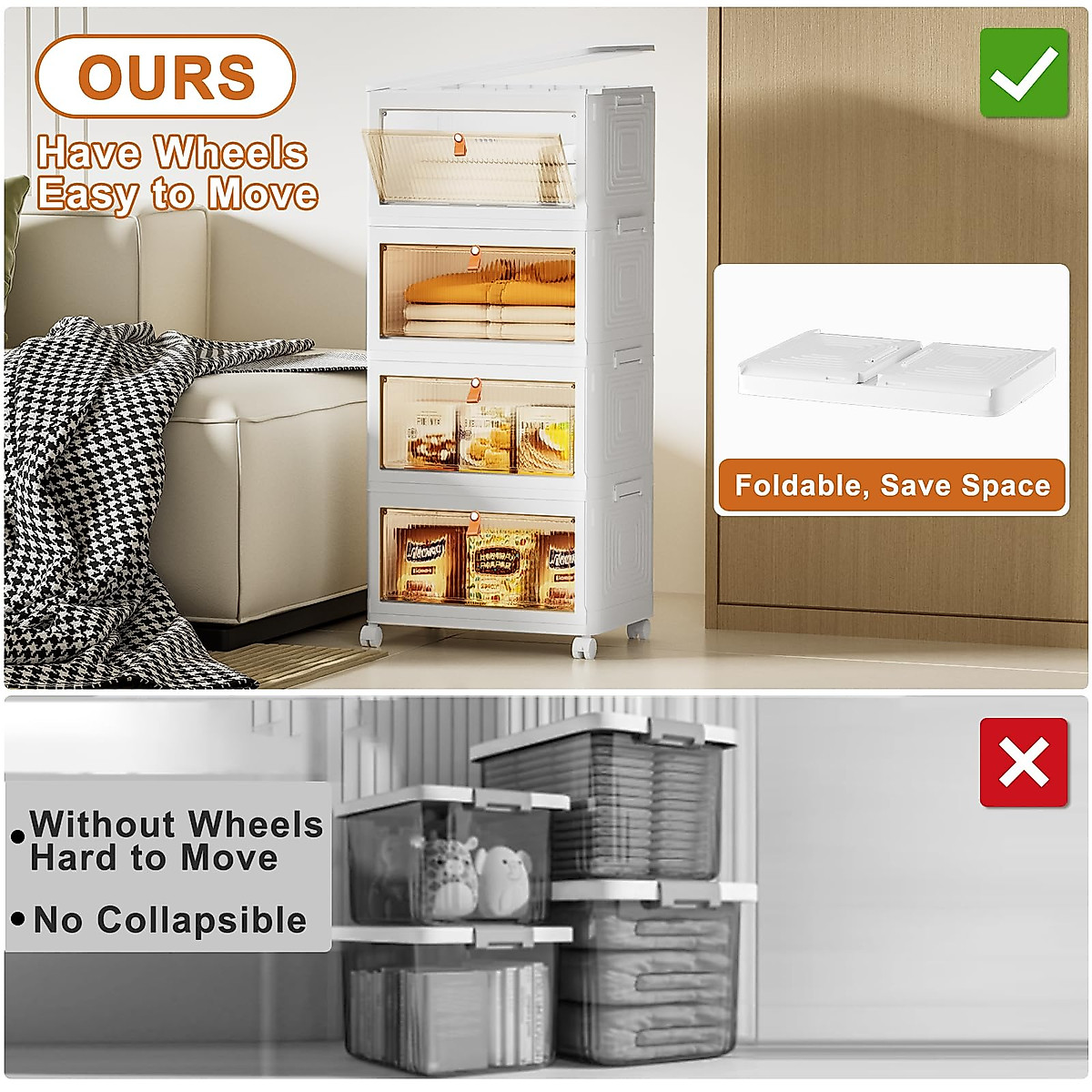 MapleGrace 4 Tier Stackable Plastic Storage Bins with Lids 23QT, Collapsible Closet Organizers and Storage with Wheels, Foldable Organization and Storage Cabinet, Storage Containers for Home