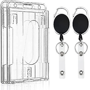 Pawfly Vertical 2-Card Badge Holder with Thumb Slots Hard Transparent PC Case Protector with Retractable Badge Reel Carabiner Clip for IDs Credit Cards Driver’s Licenses and Passes, 2 Pack