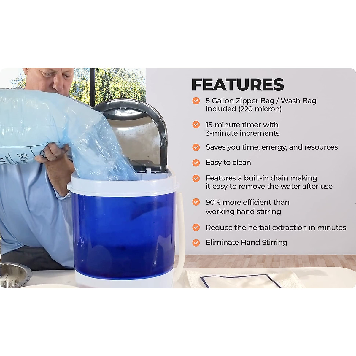 BUBBLEBAGDUDE Bubble Bags Machine 5 Gallon 220 Micron Zipper Bag w/ 110 Volts Mini Washer Set - Herbal Ice Bubble Bag Essence Extractor Kit - Plant & Herb Extraction Bags - 2 String Locking System