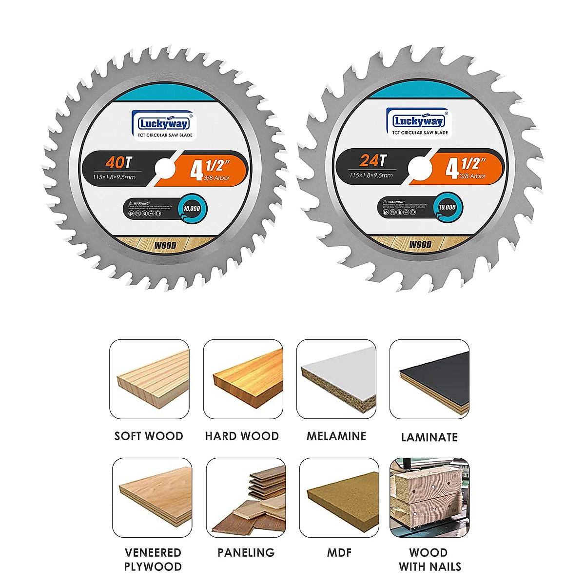 Luckyway 4-Pack 4-1/2 Inch 24T&40T with 3/8 Inch Arbor TCT Circular Saw Blade for Cutting Wood