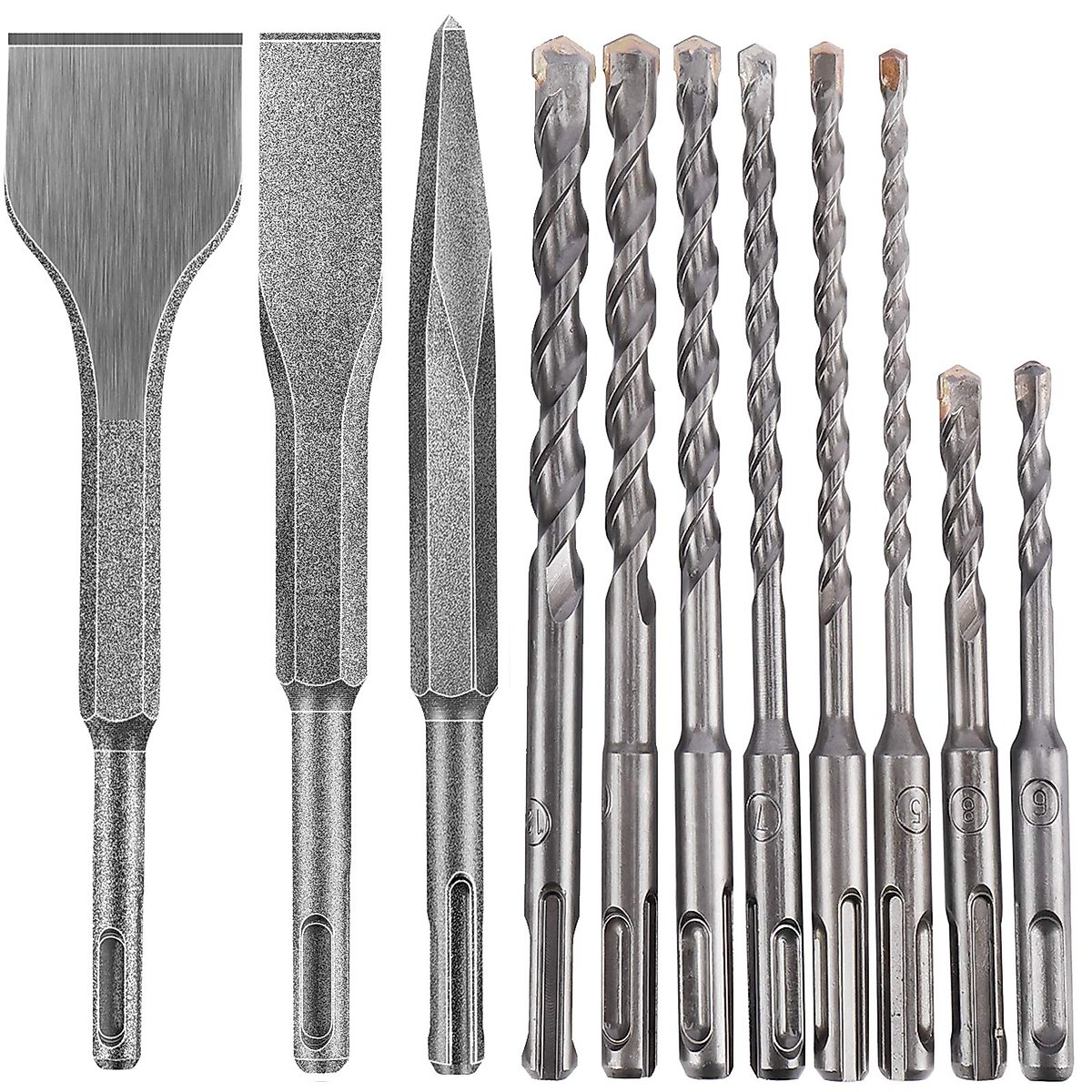 HighFree 11 Pieces SDS Plus Rotary Hammer Drill Bits Set Including Chisels Bits and Carbide Tip Twist Drill Point Bits for Brick, Cement and Concrete Demolition