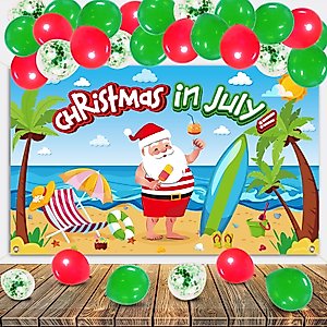 Christmas in July Party Decorations Large Photo Backdrop 38pcs latex balloons Mele Kalikimaka Christmas Summer Santa Banner for Outdoors Garden Party Supplies