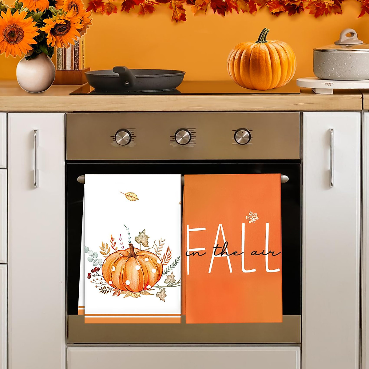 Korlon Tec 4 Pack Fall Kitchen Towels, Hello Pumpkin Fall Dish Towels, 18x26 Inch Farmhouse Fall Hand Towels for Kitchen Home Harvest Autumn Thanksgiving Decorations