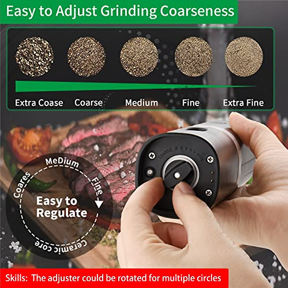 Nibiuht Electric Salt and Pepper Grinder Battery Operated - Automatic Pepper Shakers With Adjustable Coarseness, LED Light (Black 1 Mills)