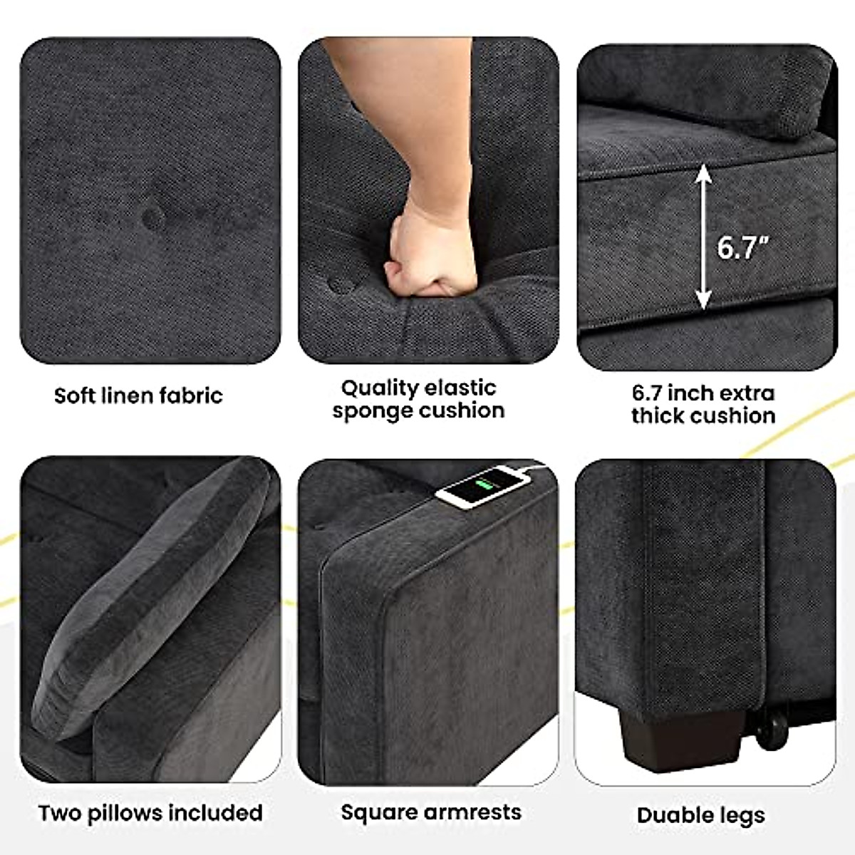 YUNLife&Home 65.7" Convertible Pull Out Sleeper Sofa Bed,Adjustable Loveseat Armchair Single Couch Chair with USB Port 2 Pillows for Living Room Apartment Small Space Furniture Set, Black