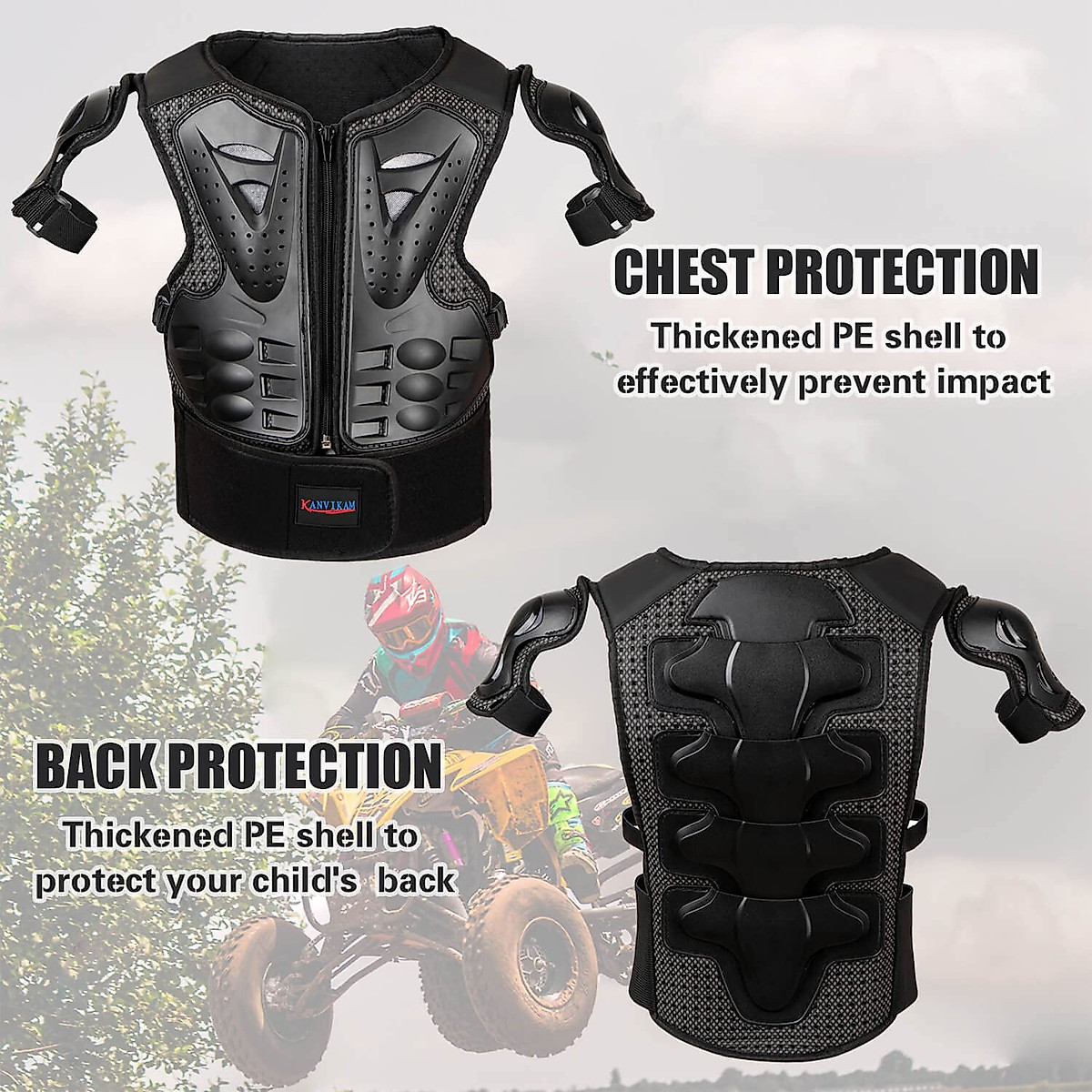 KANVIKAM Kids Motorcycle Body Armor Spine Chest Protector, Youth Dirt Bike Gear Vest for Motocross Cycling MTB ATV Skateboard Skating