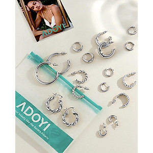 Adoyi Silver Hoop Earrings Set for Women Girls Gold Twisted Huggie Hoops Earrings 14K White Gold Plated Earrings for Women Lightweight 9 Pairs jewelry for women Girl Gift