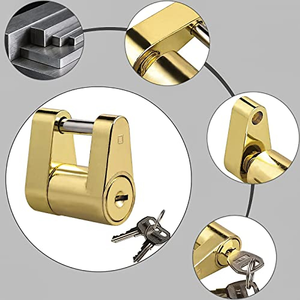 ADP Trailer Lock Dia 1/4 Inch, Coupler Lock 3/4 Inch Span Trailer Hitch Lock with Keys Trailer Coupler Lock for Tow Boat RV Truck Car's Coupler (1 Pack, Brass)