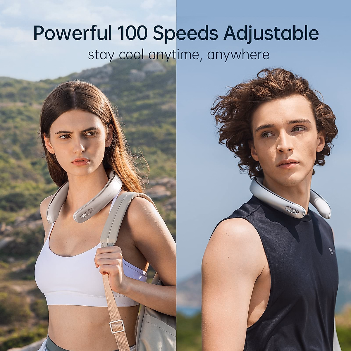 JISULIFE Portable Neck Fan Pro, 100 Speeds Bladeless Fan, Stepless Knob, LED Display, 5000mAh Rechargeable Personal Fan, Mini Hands Free, USB Battery Operated Wearable Fan-Grey