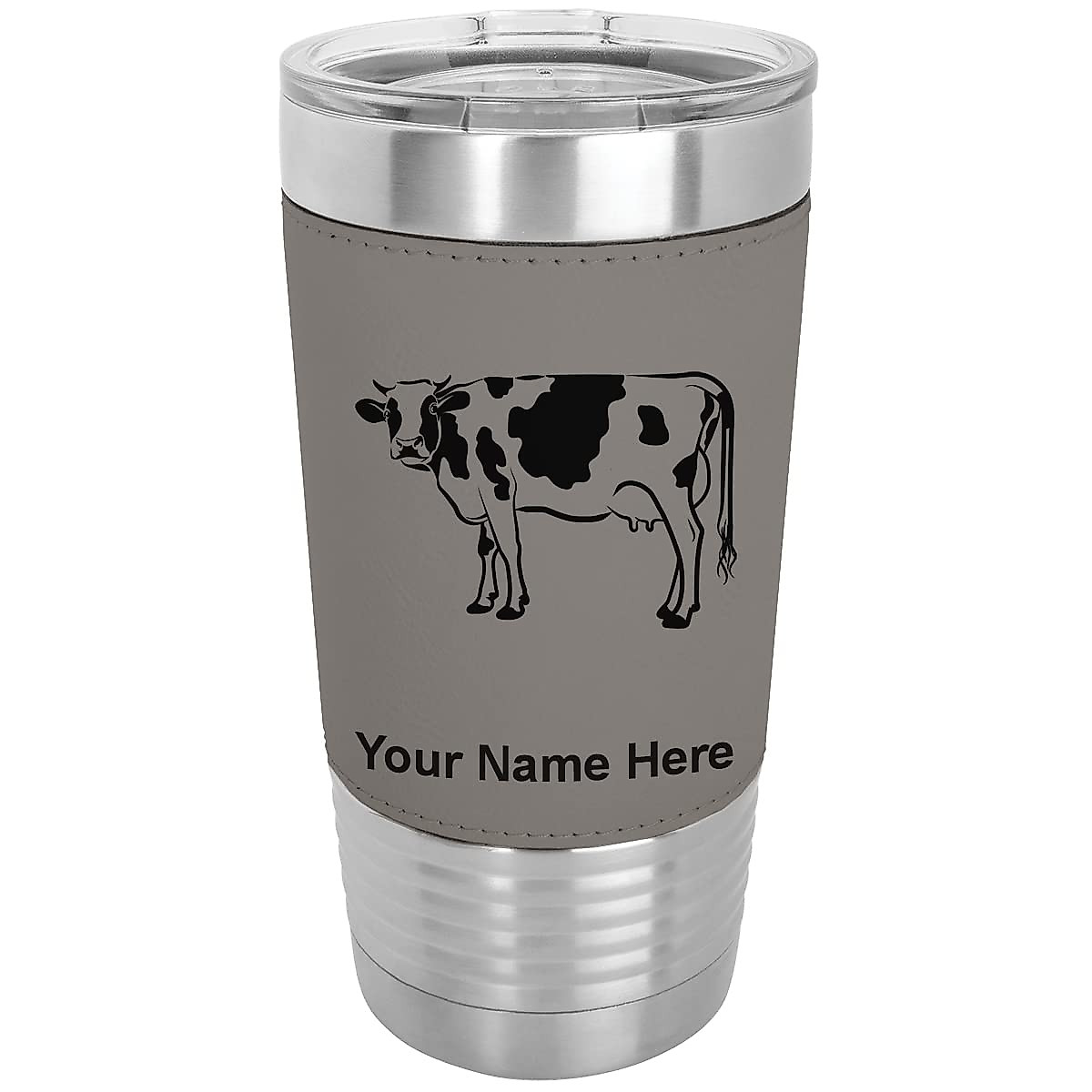 LaserGram 20oz Vacuum Insulated Tumbler Mug, Cow, Personalized Engraving Included (Faux Leather, Gray)