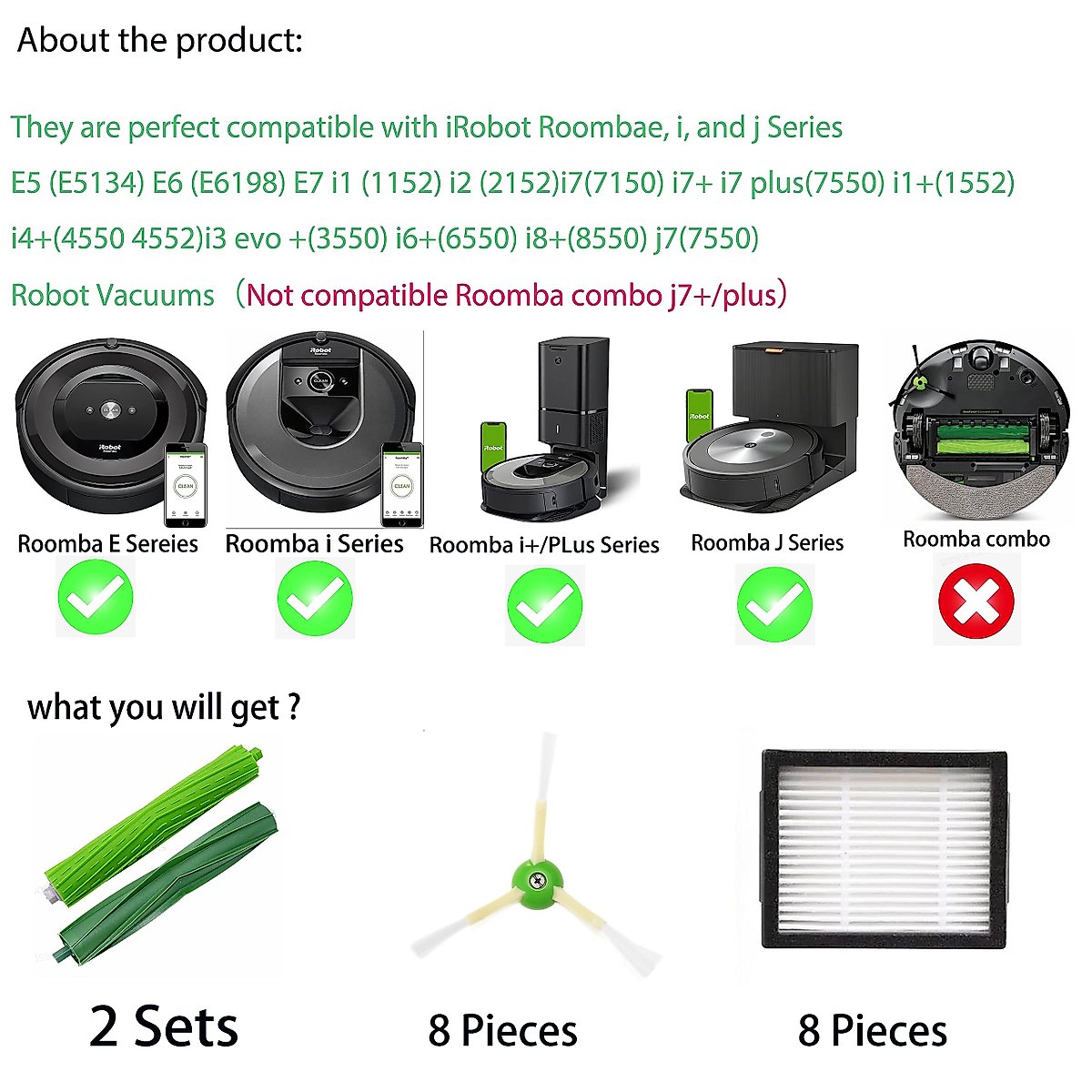 JoyBros Replacement Parts Accessories for iRobot Roomba evo Combo e5 e6 i1 i2 i3 i4 i5 i6 i7 i8 j5 j7 j8 Plus,2 Set Rubber Brushes 8 Filters/HEPA 8 Side Brushes