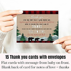 Lumberjack Baby Thank You Cards, 15 Pack – Boys Baby Shower Notes with Envelopes Set, Prefilled Message, Customizable and Personalize Blank Stationery Adventure, New Parents Gift Ideas