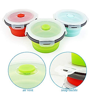 ECOmorning 3Piece Round Collapsible Lunch Container Silicone Food Storage Containers Collapsible Camping Bowl with Airtight Silicone Lids, Microwave, & Freezer Safe, 350ML