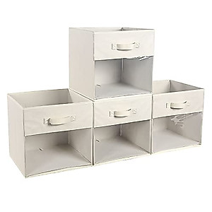 DOMEraax Cube Storage Bin 4 Pack with Clear Window Large Boxes Basket with Handles Fabric Closet Organizer 13" x 13" x 13" Beige