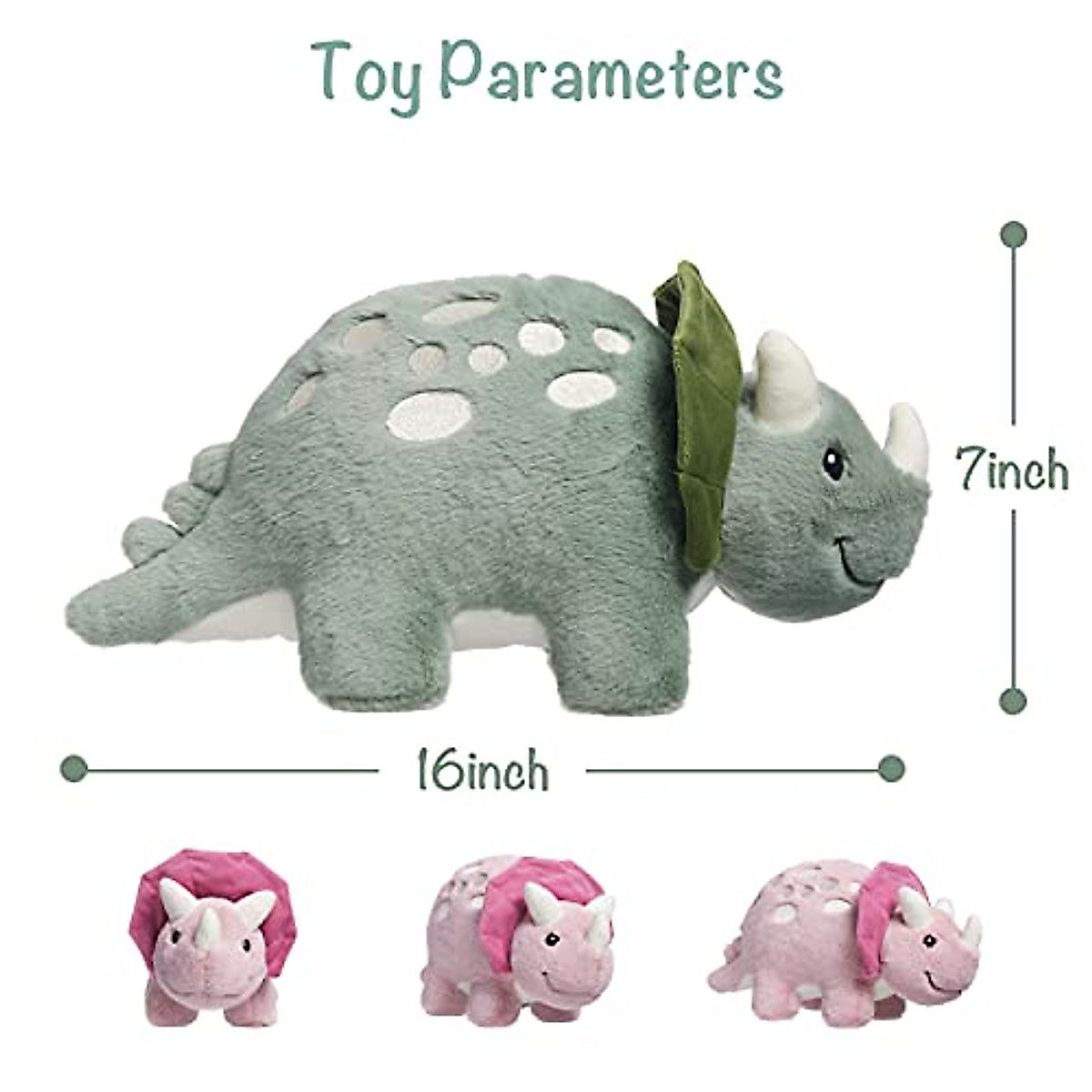 TCBunny Baby Dinosaur 12" Bedtime Stuffed Animal 2-Piece Plush Set, Prefect Kid's Gifts for Boys, Girls, Birthday, Valentine, Christmas (Triceratops-Pink & Green)