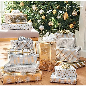 American Greetings 80 sq. ft. Gold Wrapping Paper Bundle (Snowflakes) for Christmas, New Years, and All Holidays (4 Rolls 30 in. x 8 ft.)
