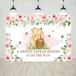 Classic Little Bear Baby Shower Backdrop Girls Pink Florals Cartoon Bees Birthday Photo Background Decorations Newborn Baby Shower Party Cake Table Supplies 5x3ft