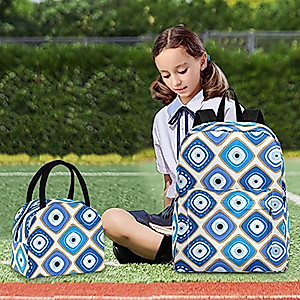 FOLIOSA Kid's Backpack Lunch Bag Set Square Evil Eye Print， Large Capacity Insulated Scratch-Resistant Backpack with Lunch Kit for School Work Suits for 6+ Years Teenager Boys Girls