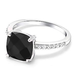 Gem Stone King 925 Sterling Silver Cushion Checkerboard Black Onyx Ring For Women (2.23 Cttw, Gemstone Birthstone, Available In Size 5, 6, 7, 8, 9)