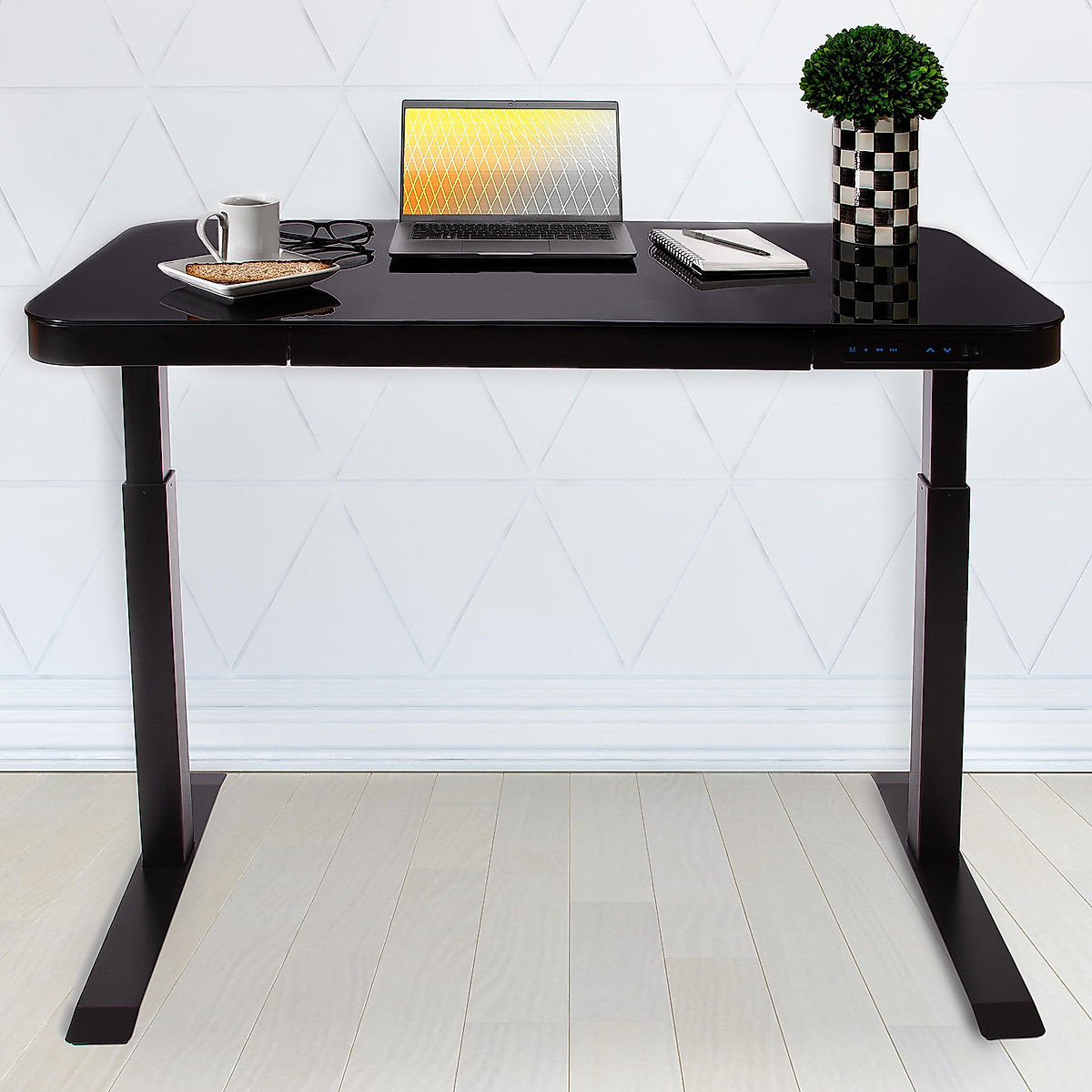 Seville Classics Airlift Electric Height Adjustable Desk with Tempered Glass Top, USB Charging Ergonomic Sit Stand Modern Home Office Workstation, 47.5" x 24" Pull Out Drawer, Black