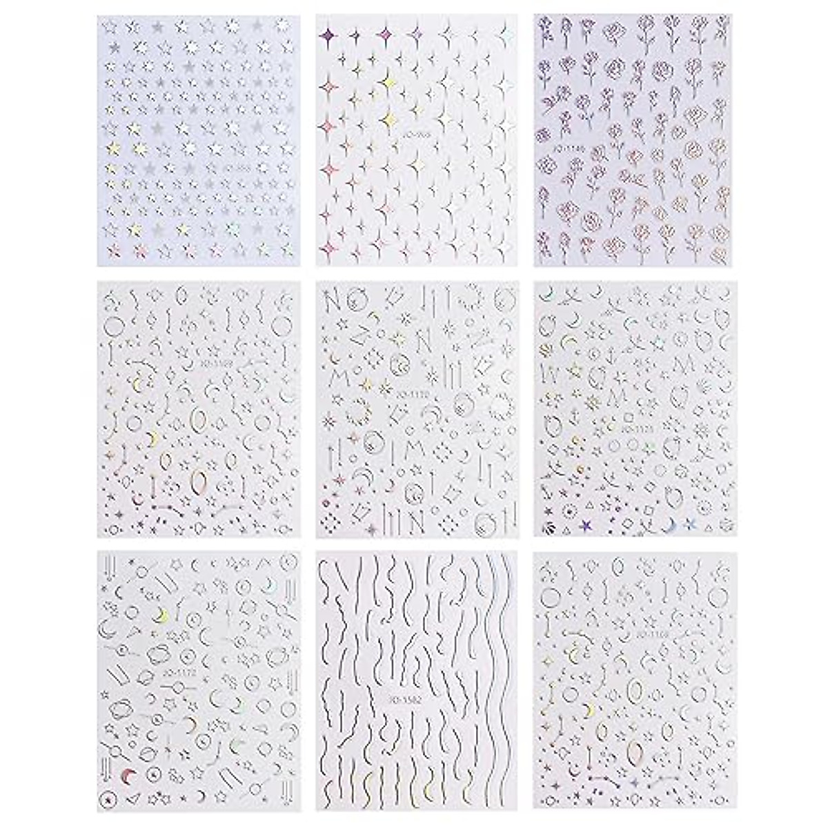 9 Sheets Aurora Holographic Nail Art Stickers Decals Self-Adhesive Pegatinas Uñas Stars Moon Glitter Nail Supplies Nail Art Design Decoration Accessories