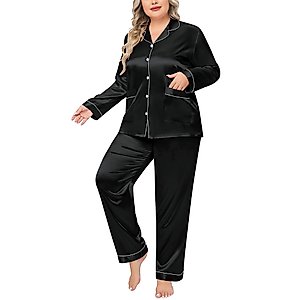 SWOMOG Women Plus Size Long Sleeve Pajamas Silk Satin Pajama Sets Button Down Sleepwear Pjs Loungewear with Pockets Black
