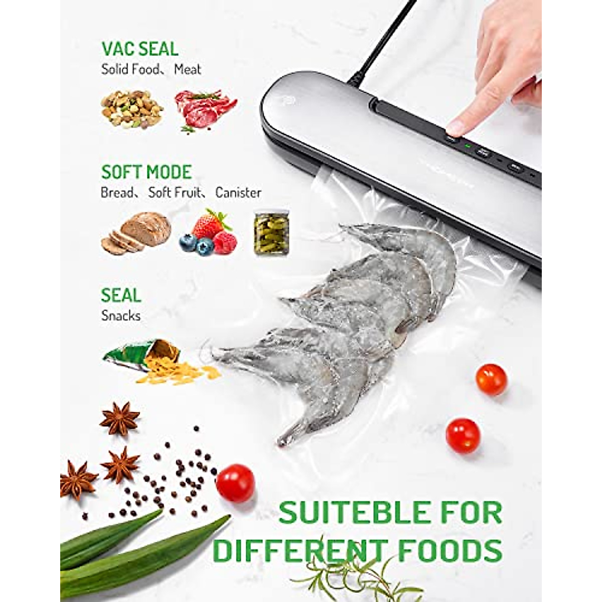 TWOMEOW Vacuum Sealer Machine, Automatic Compact Slim Food Sealer for Sous Vide and Food Storage, Standard/Soft Vac Sealing Mode with Starter Kit, Vertical Vacuum Sealer Storage, Black