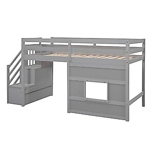 WOXYX Twin Size Loft Bed,Wood Beds Frame with Storage Staircase and Window,Grey