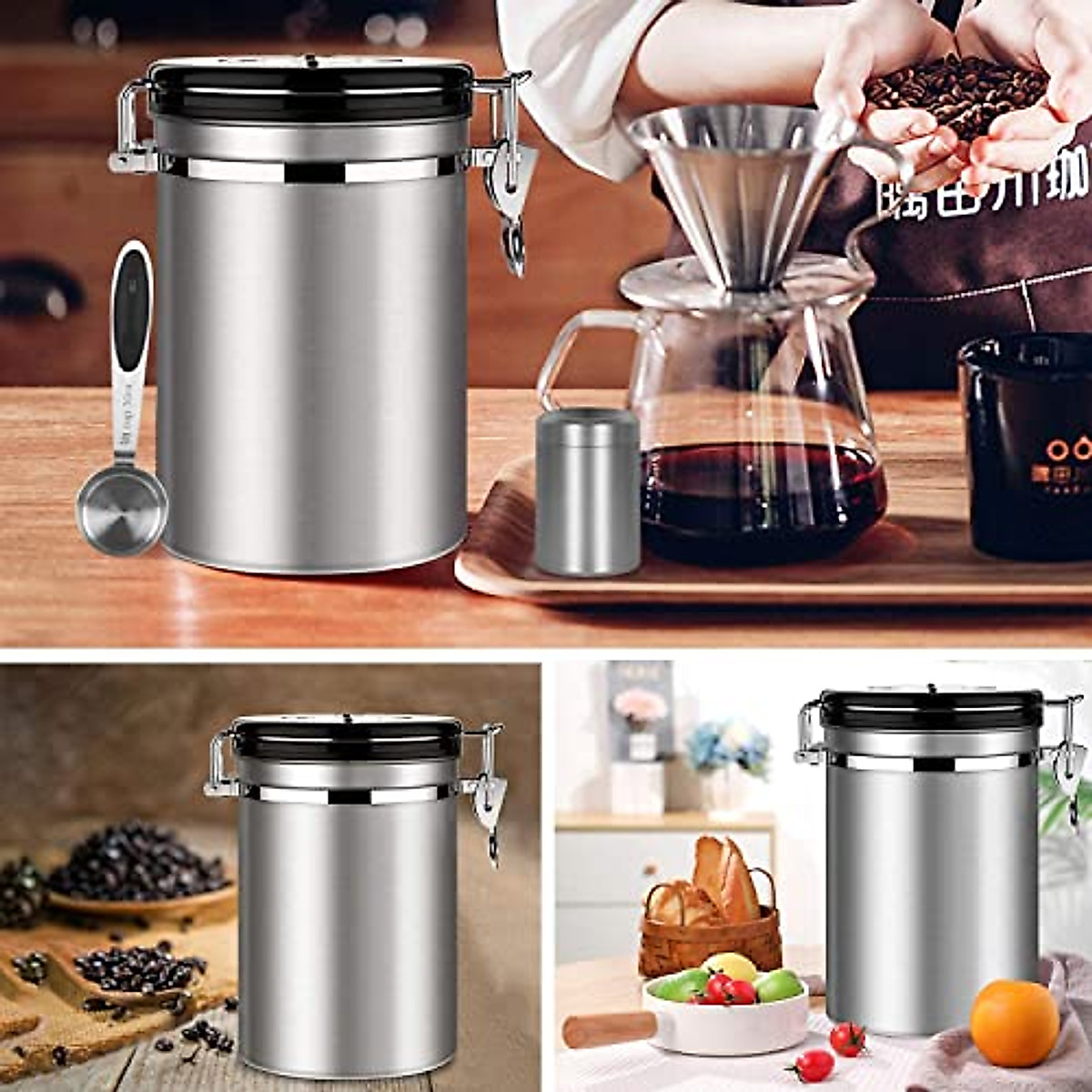 Samyoung Coffee Canister Airtight, Stainless Steel Container for 635g/22.8oz Coffee Beans,Large 1800 ml Tea & Coffee Storage Jars with co2 Valve, 30ml Measure Spoon and 70 ml Mini Travel Jar
