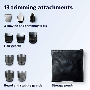 Philips Norelco Multi Groomer All-in-One Trimmer Series 3000-13 Piece Mens Grooming Kit for Beard, Face, Nose, Ear Hair Trimmer and Hair Clipper - NO Blade Oil Needed, MG3740/40