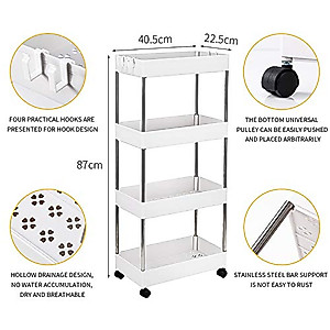 4-Tier Rolling Cart on Wheels, Mobile Slim Rolling Cart with Hooks, Multi-Functional, Suitable for Kitchen, Bathroom, Laundry Room Narrow Place, Plastic and Stainless Steel, White (16L x 8.7W x 34.5H)