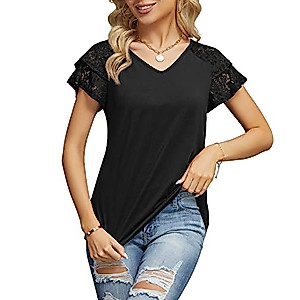 FREEOAK Summer Tops Double Lace Sleeve Shirts for Women V Neck Loose Casual Tee Tunics Black Tops for Women Black L